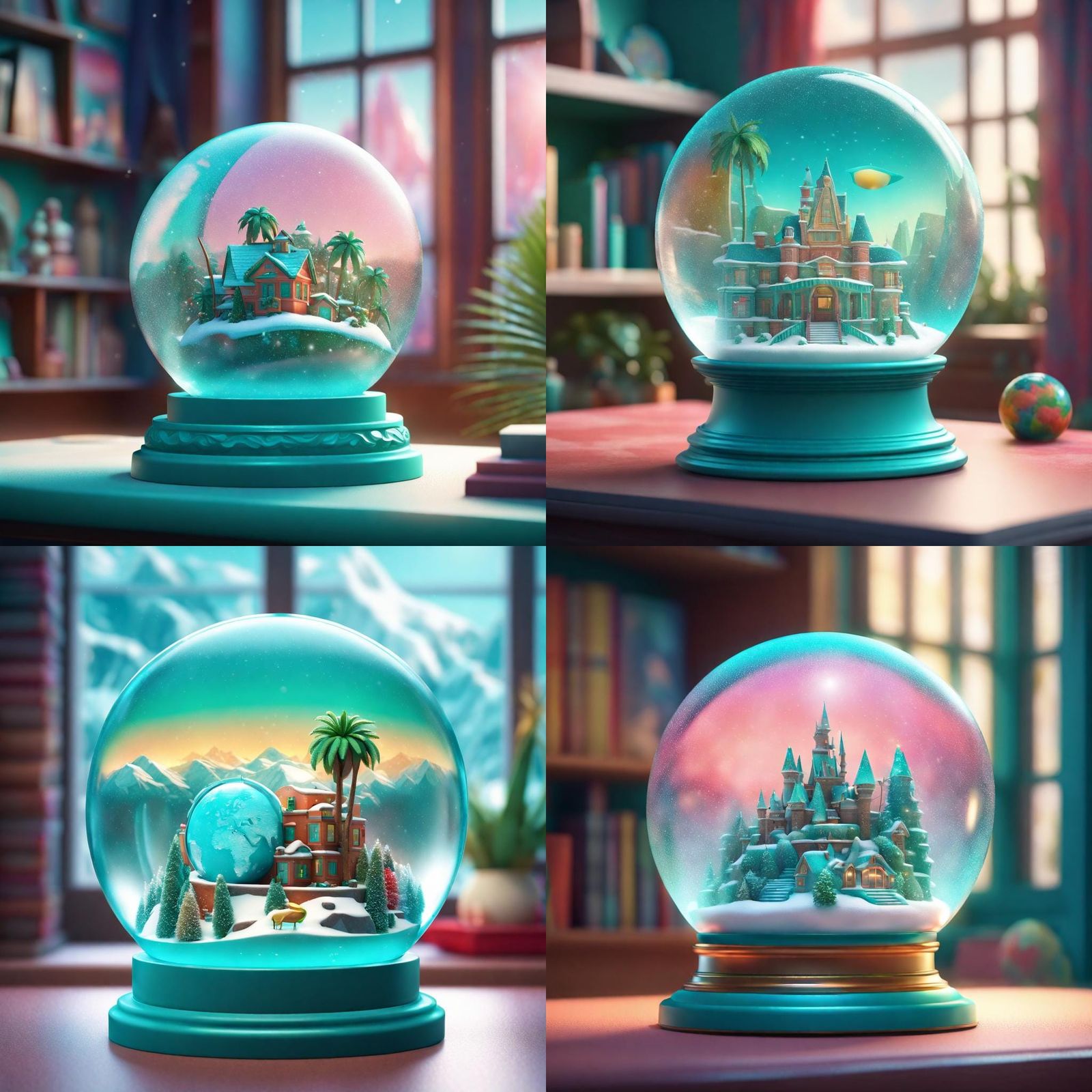 snow globe filled with a tropical location, lying on its teal base, the ...