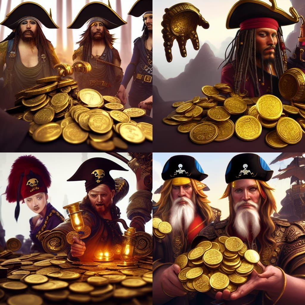 Pirates playing with golden coins, "detailed matte painting, deep color ...
