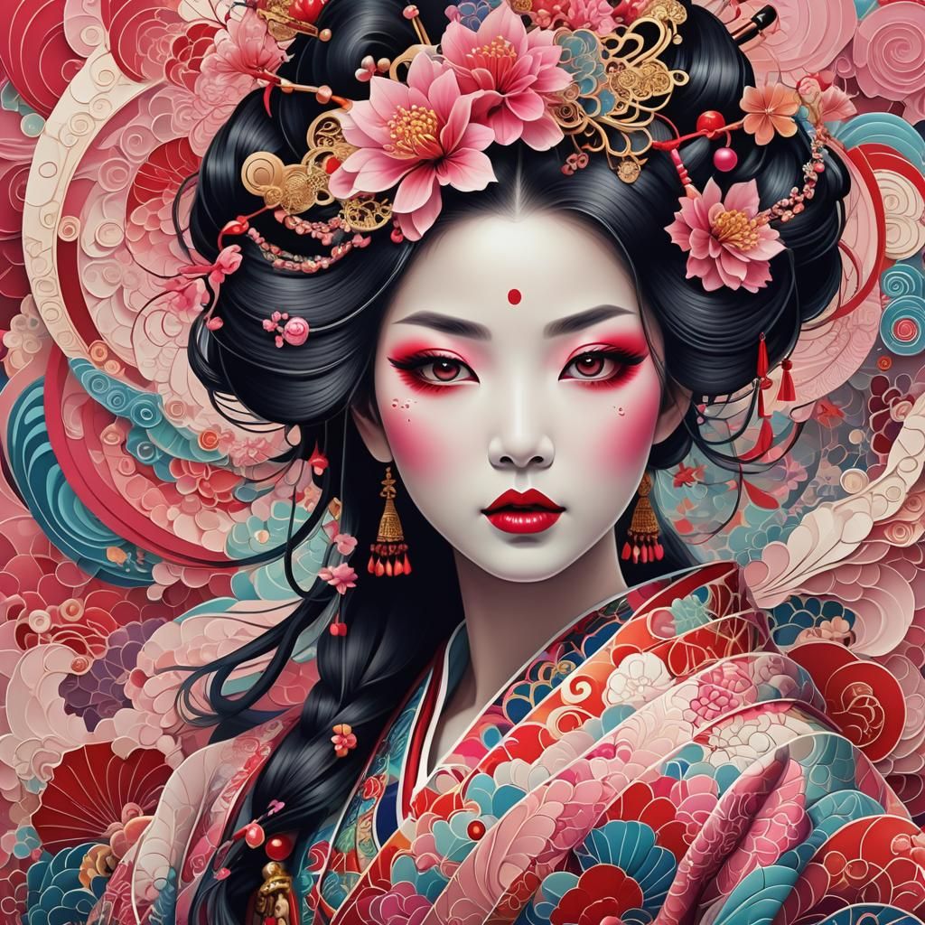 A Japanese geisha with beautiful large pink eyes, full red lips ...