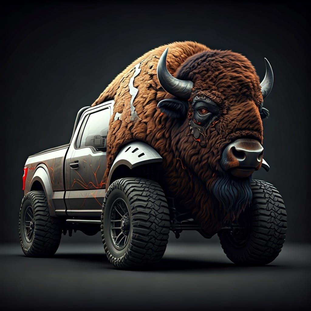 Biomechanical Bison-Ford F-150 Hybrid in Futuristi... - AI Art
