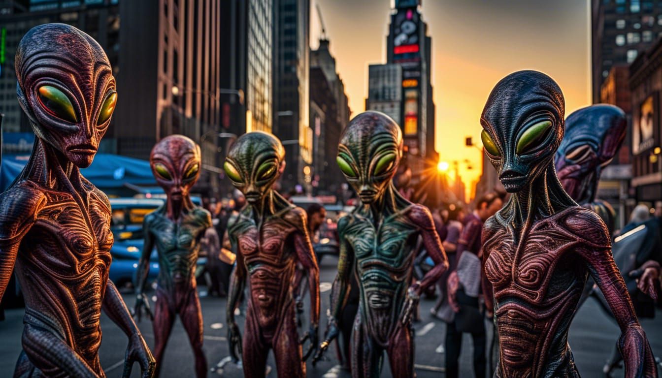 Multicolor Aliens Rase in the New York Sunrise intricate details, HDR ...