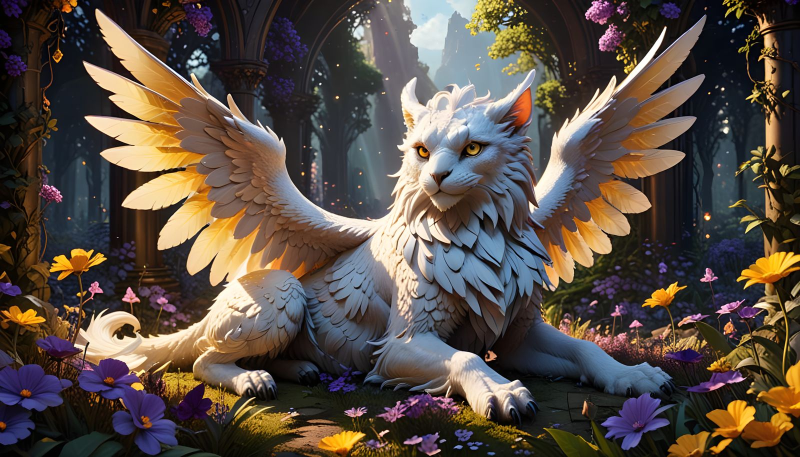 White gryphon with flowers - Breathtaking White Gryphon in a...