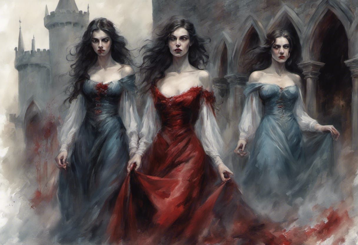 Three evil but beautiful vampire queens in long, different coloured ...