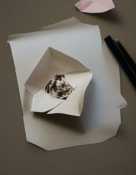 photo of flattened squashed and crumpled origami paper flower on a ...