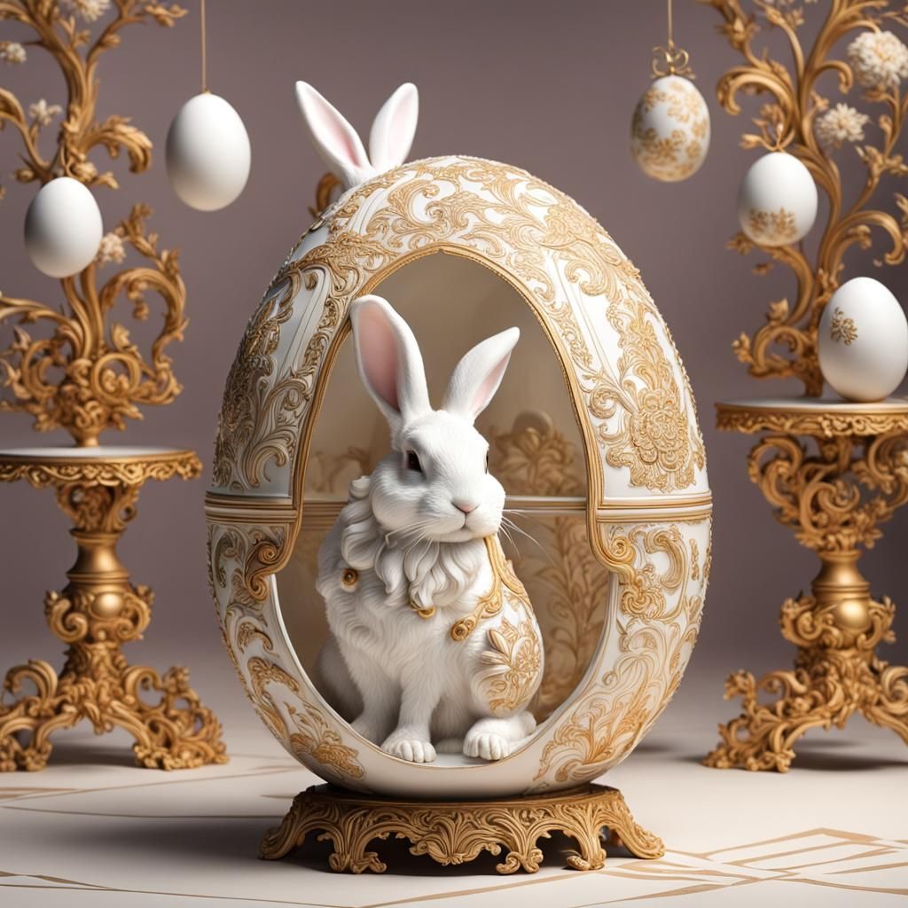 Bunnies standing next to a very detailed and gorgeus, baroque like egg - AI Generated Artwork ...