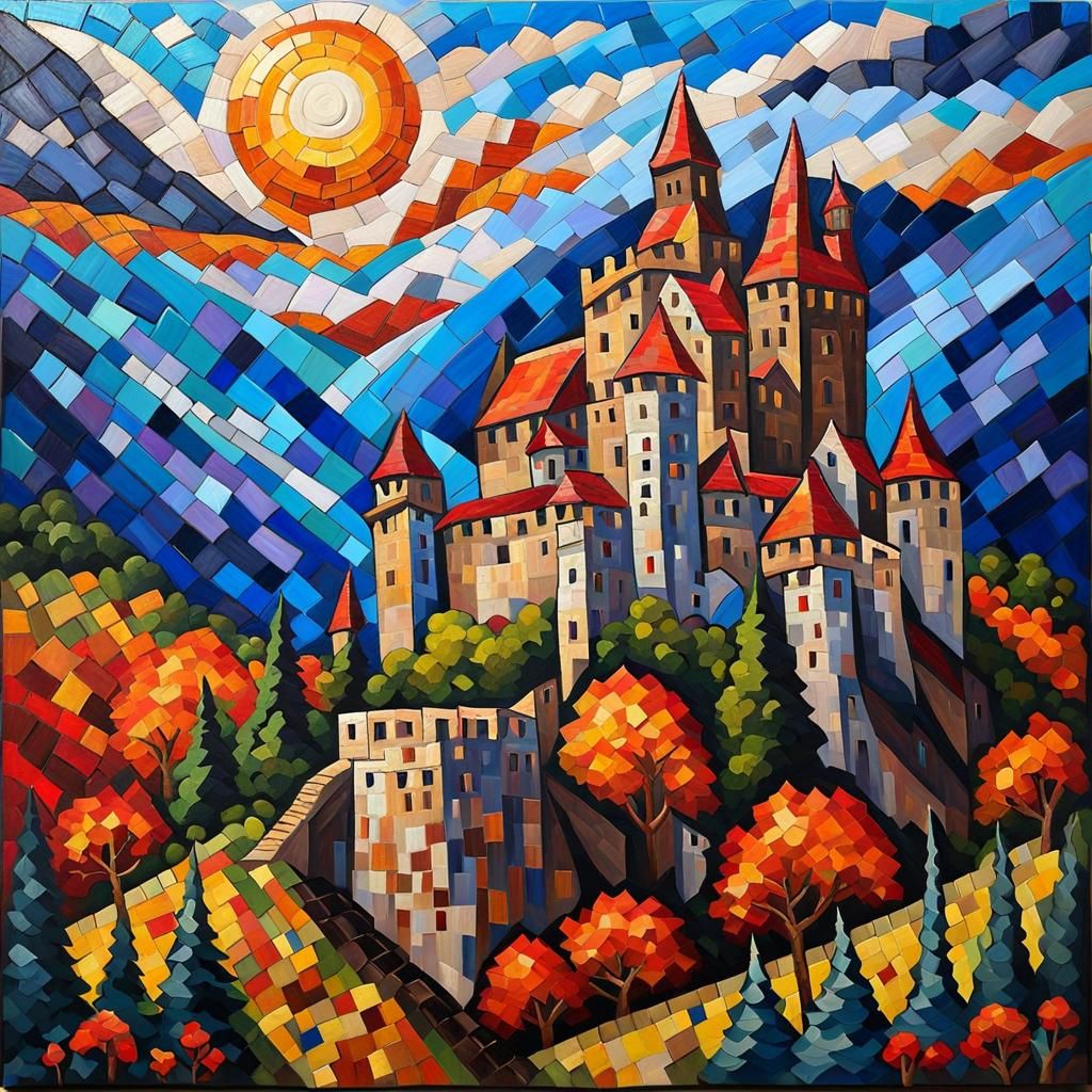 Dracula's castle. Beautiful rustic mosaic patchwork, sharp, focused, vibrant, colourful, clear ...