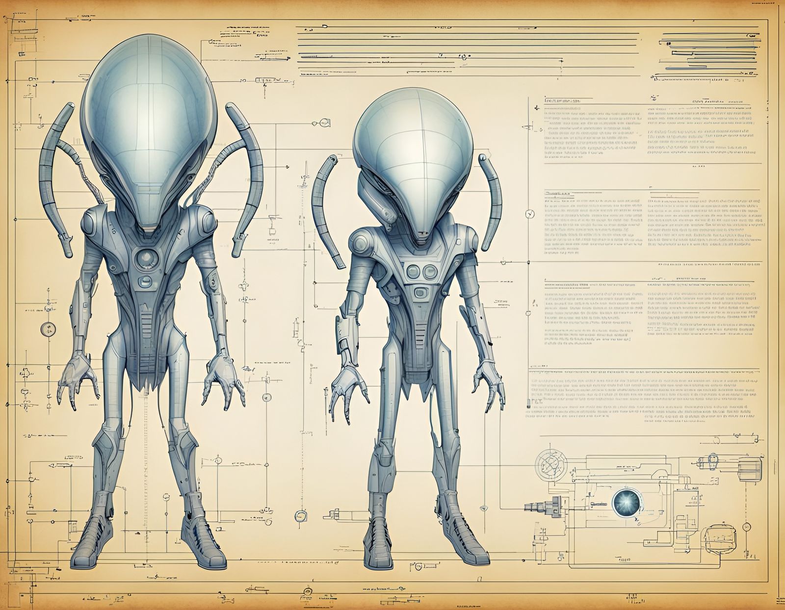 Alien technology schematics, blueprints, accurate, parallax, storybook ...