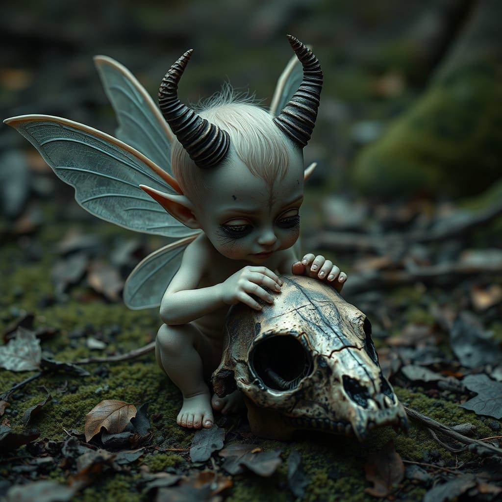 realistic small childlike fairy with devil horns, imp with fey wings ...