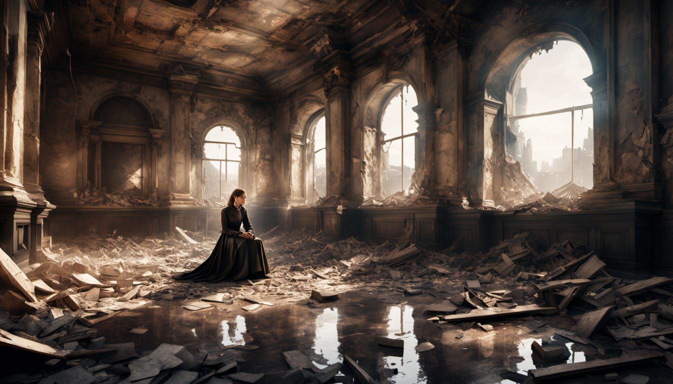 Crying Woman Amidst Renaissance Ruins in Golden Li... - AI Art