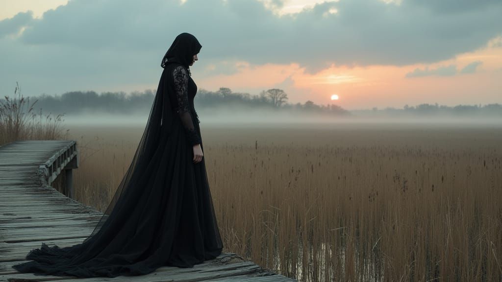 Mourning - Ethereal Woman Contemplates Wetland Twilight