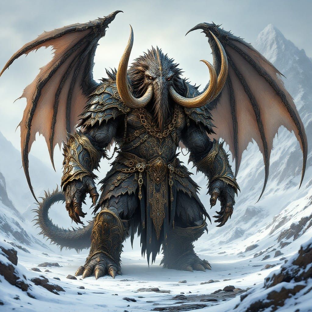 Majestic Woolly Mammoth Dragon Beast-Man Hybrid in... - AI Art