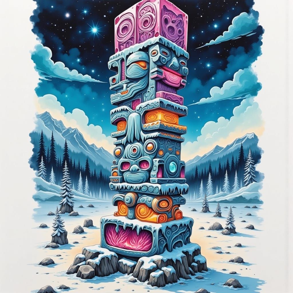 Cyberpunk Totem Pole in Neon Glassy Ice - AI Art