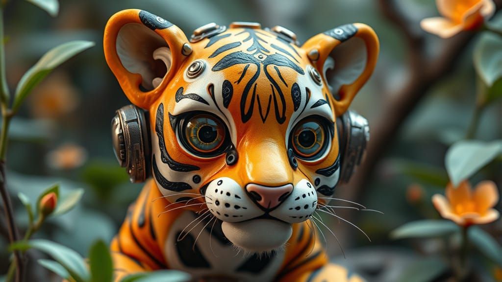 Steampunk Tiger Cub in Futuristic Clockwork Jungle - AI Art