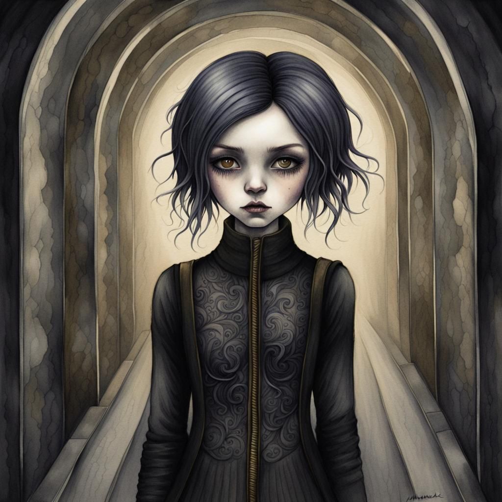 Insanely detailed moody dark watercolor illustration of a goth punk ...