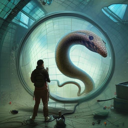 a massive snake inside of a bubble, an intricate and hyperdetailed ...