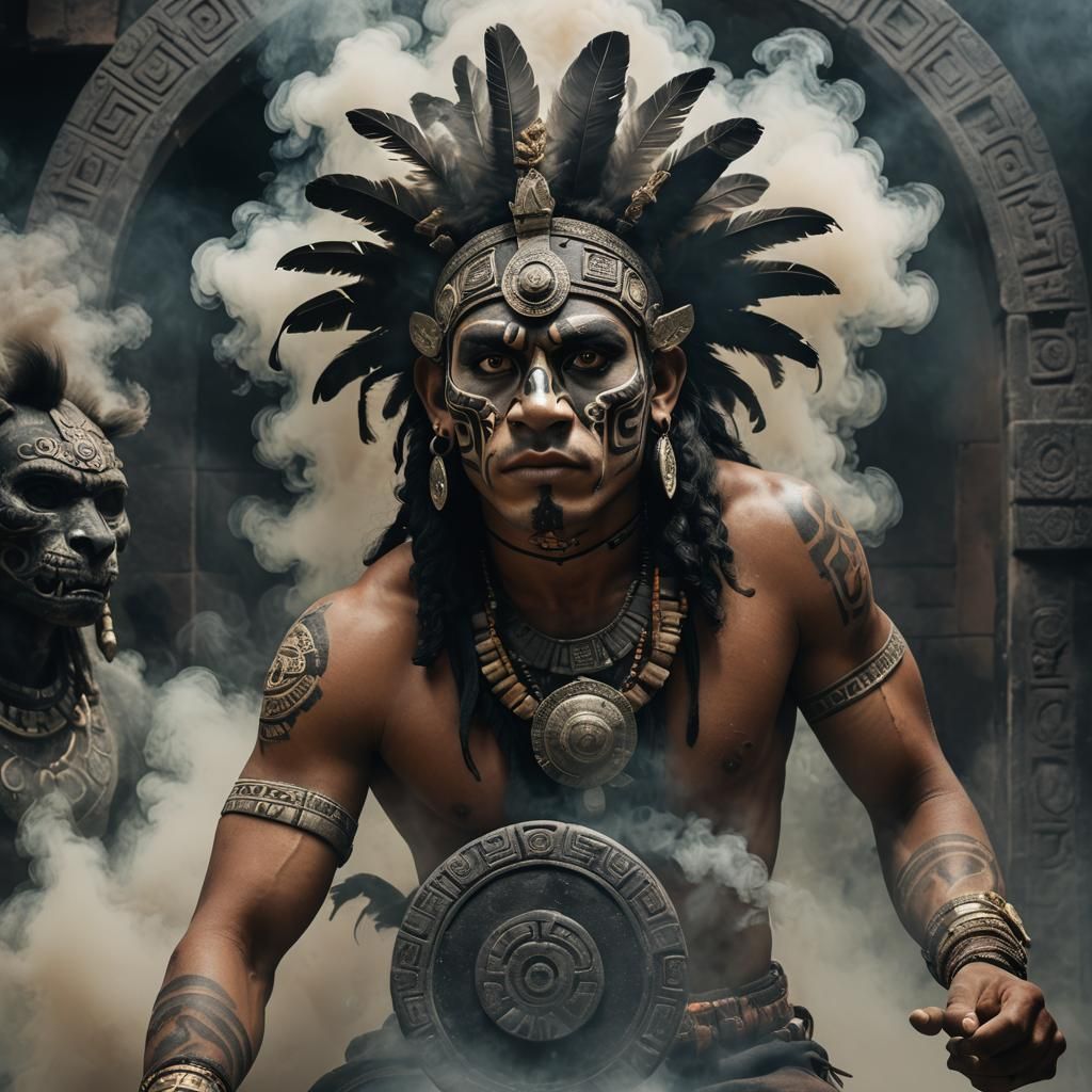 aztec god tezcatlipoca portrait, with creepy dark jaguar, obsidian ...