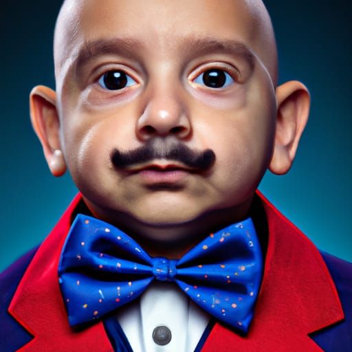 Bald baby Mario with a mustache, a red bow tie, and a petrol blue ...