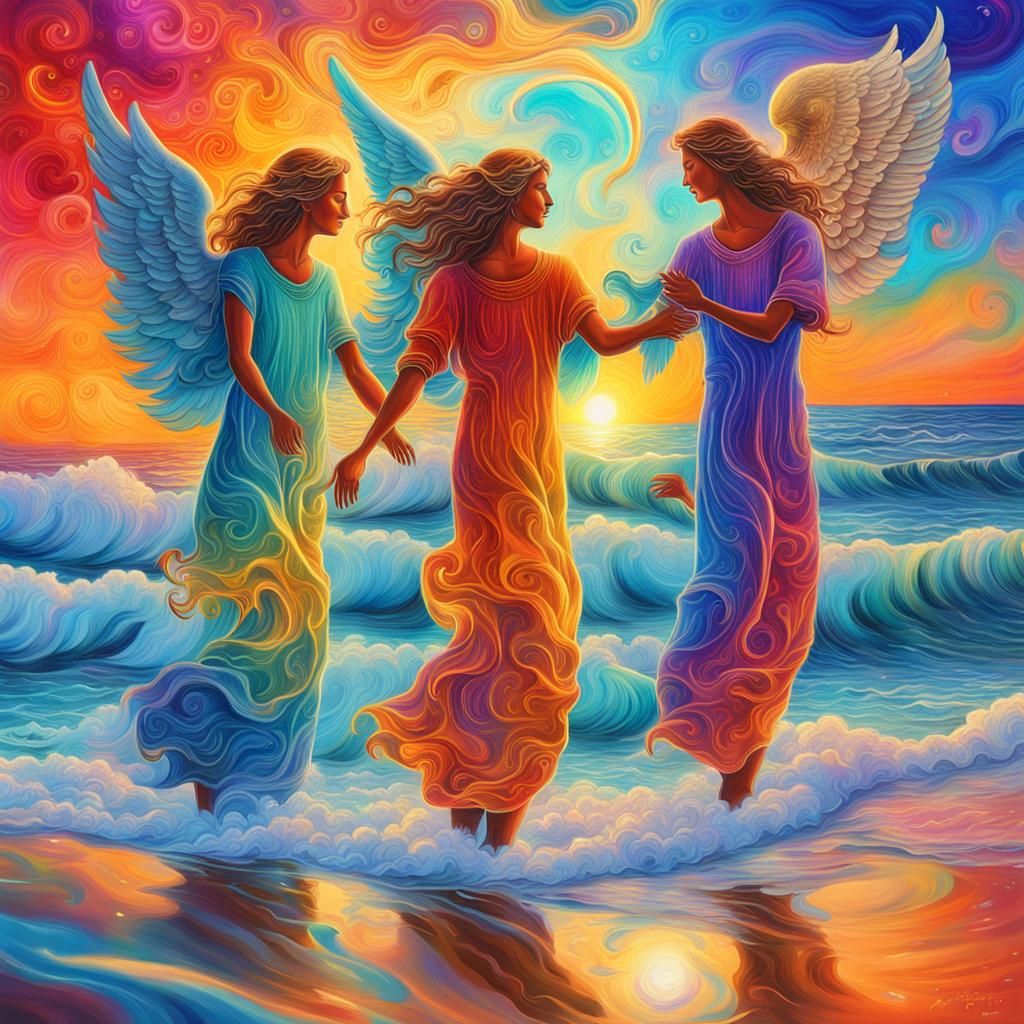 Multi Colored Angels sending Waves of Love at the Beach - AI Generated ...
