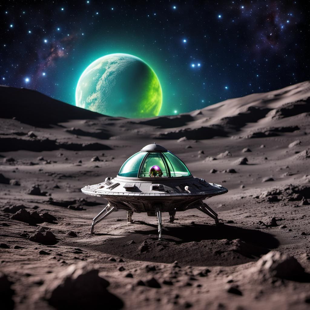 Photograph, sharp, miniature alien spaceship with alien in it on the ...