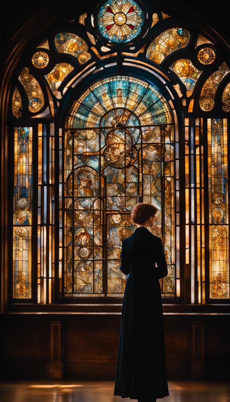 Stained glass lancet window in an Art Nouveau style of a woman with a ...