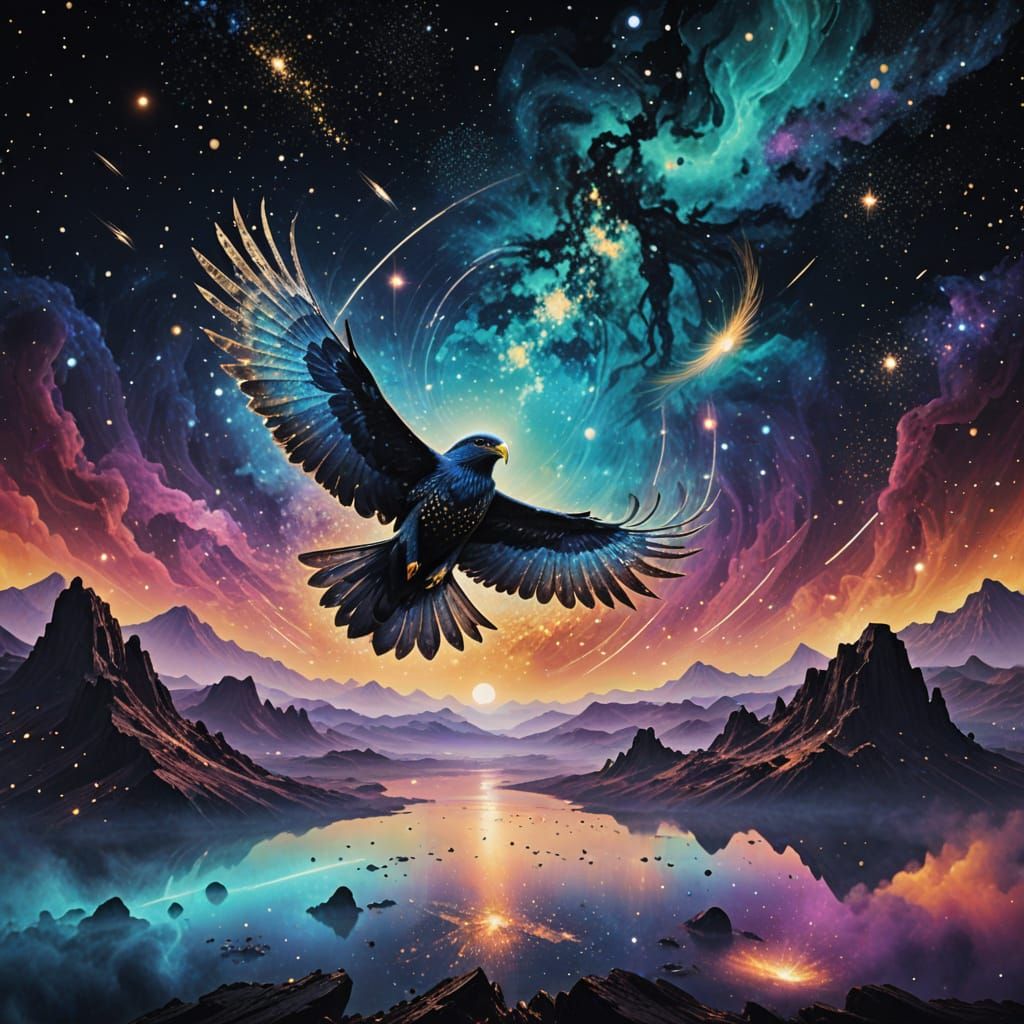 Hawk enjoys the night sky - Golden Hawk Soars Through Cosmic...