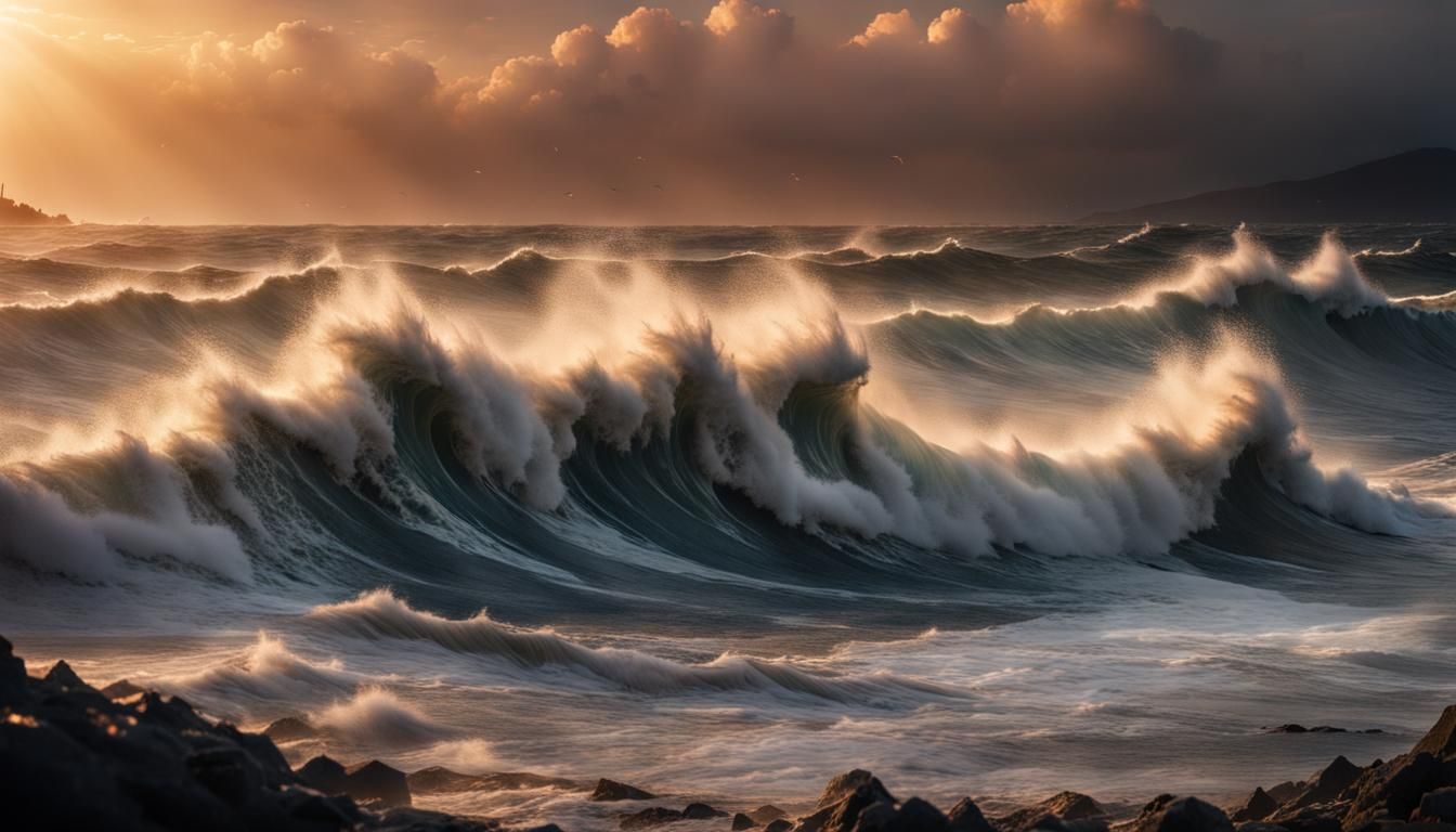 A breathtaking 4K photograph capturing the chaos and power of a seaside ...