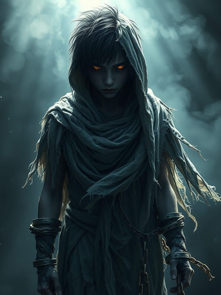 Spectral Young Man Emerges from Shadows with Chain... - AI Art