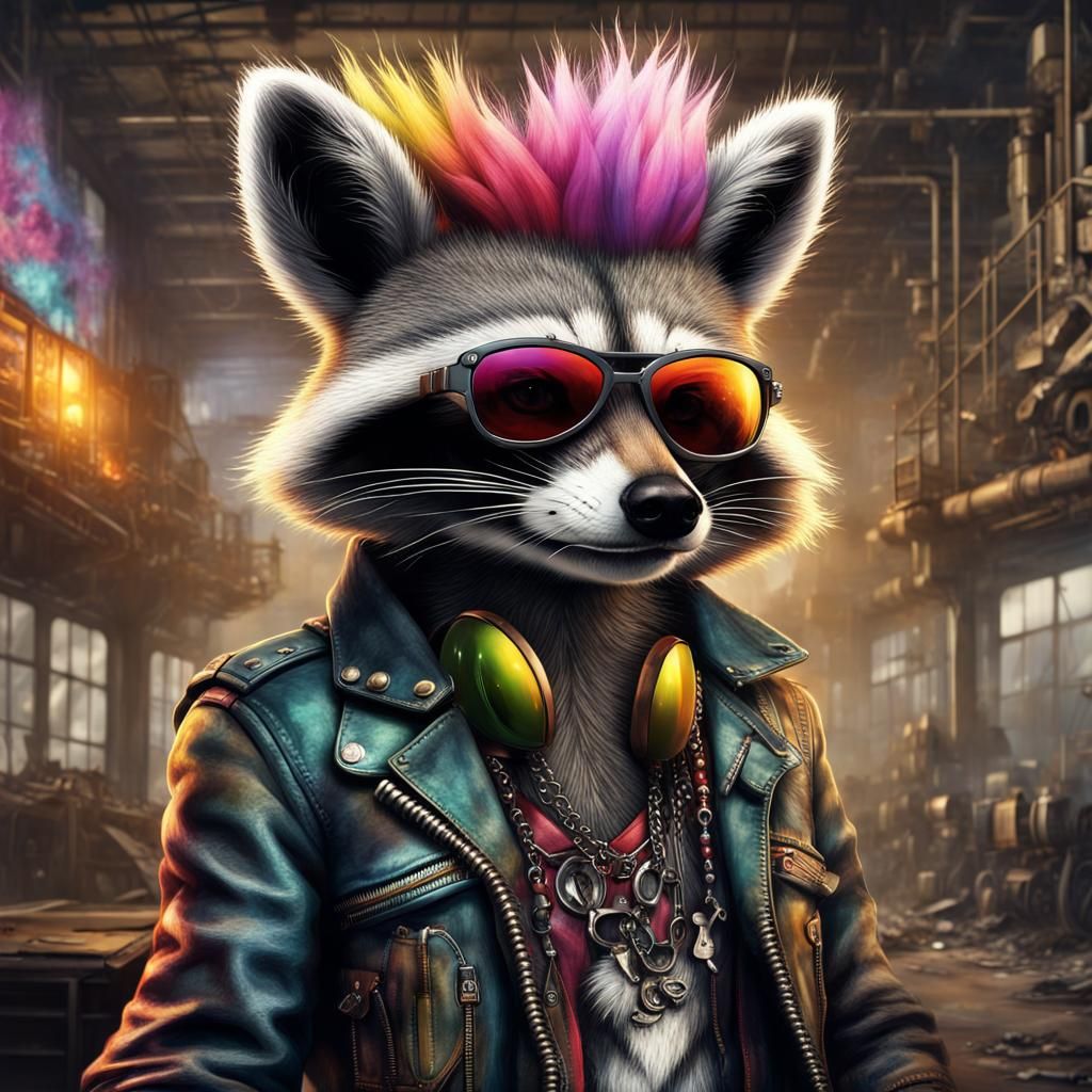 An anthro raccoon as a retro punk rocker with colourful hair. - AI ...