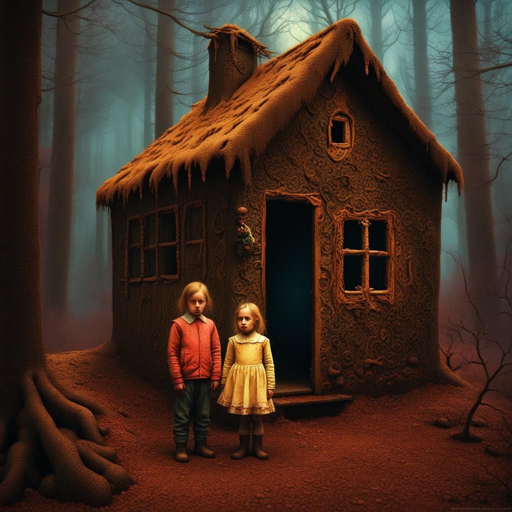 2 siblings Hanzel and Gretel in the forest with candy cabin - AI ...