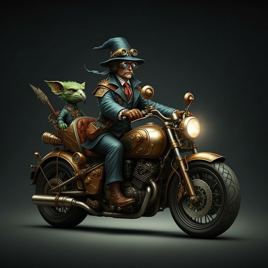 Steampunk Wizard Cruises on Motorcycle with Famili... - AI Art