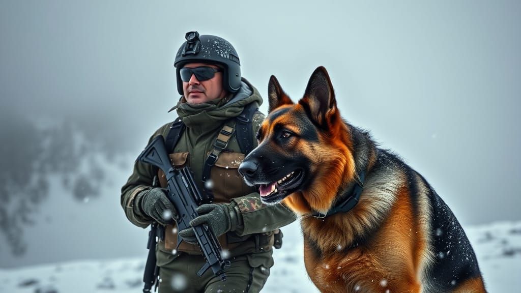 k-9 unit - Military K-9 Operator on Winter Patrol in Drama...