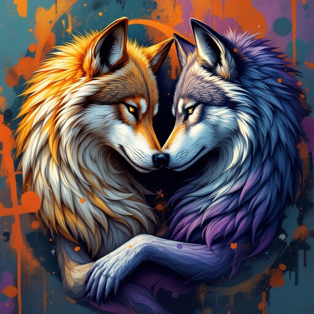 Two majestic wolves, symbolizing yin and yang, are captured in an ...