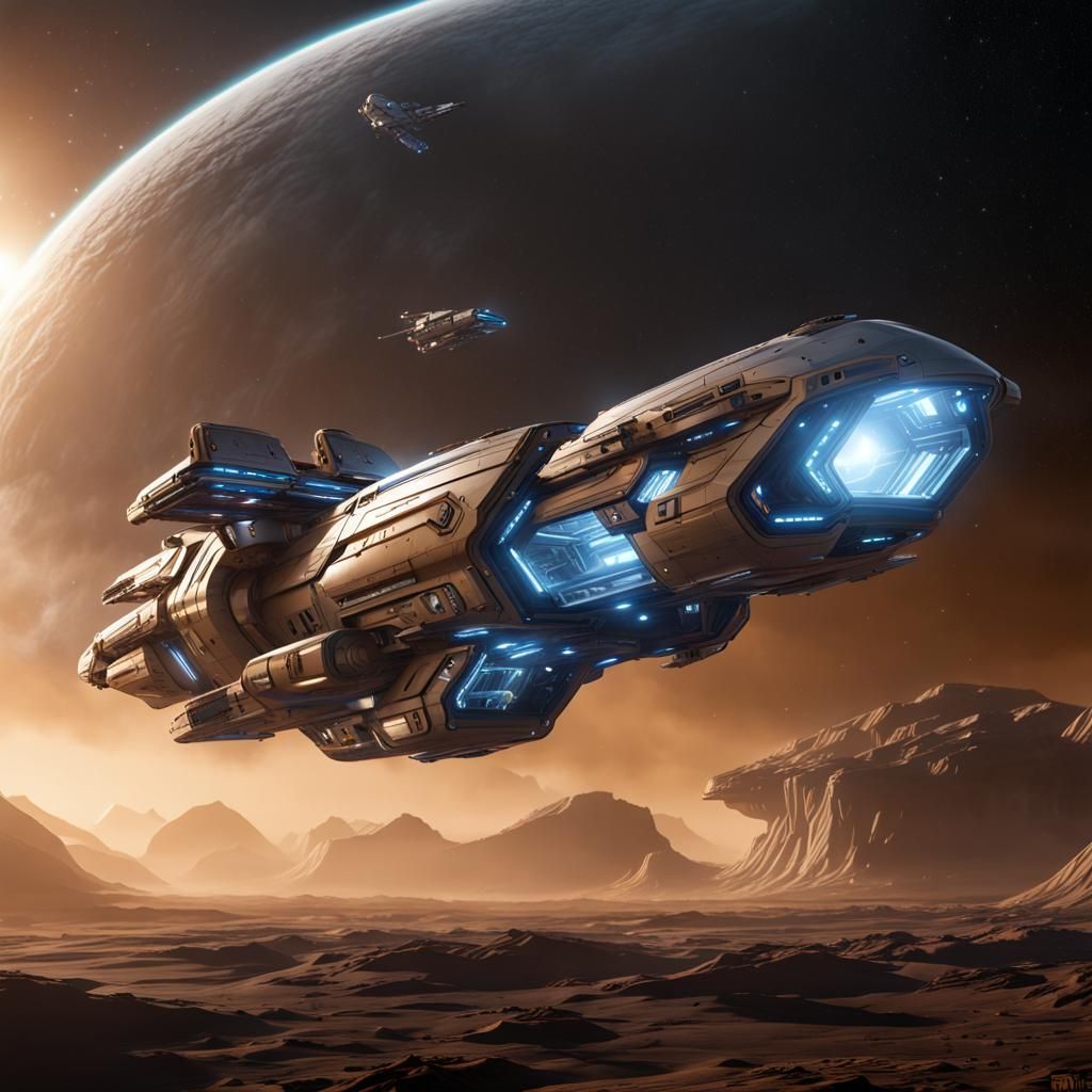 Sci-fi starship concept art, starship cargo hauler flying in space, run ...