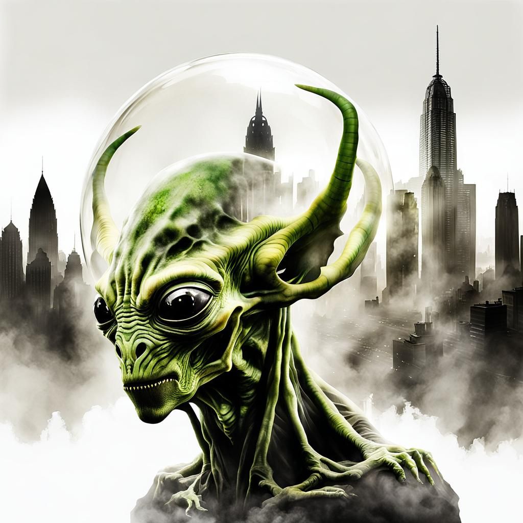 Double exposure photography of a underexposed alien creature and a ...