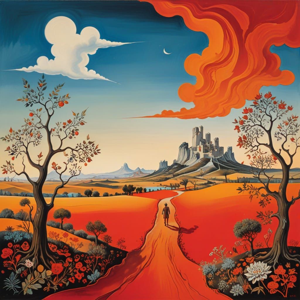 (landscape:1.5), Salvador Dali, red and tangerine,... - AI Art