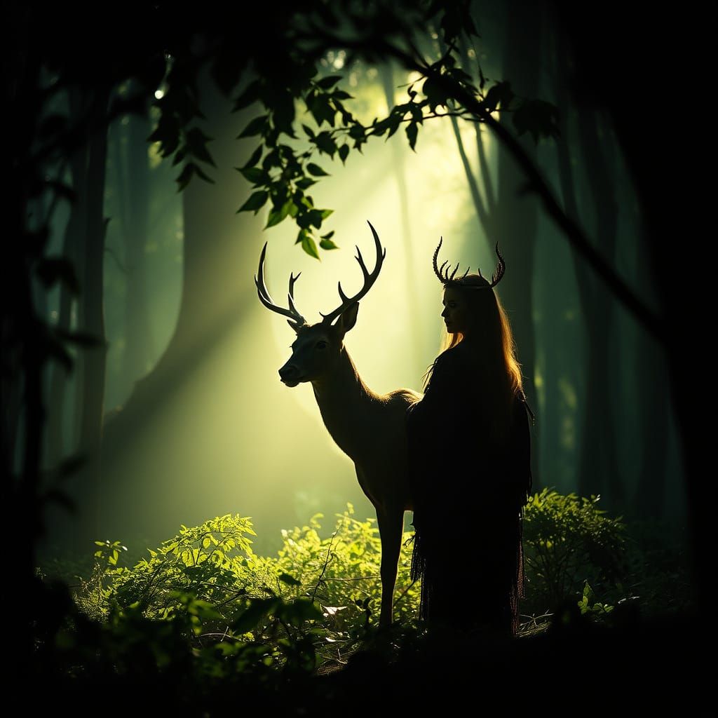 Ethereal Deer and Dryad in Lush Forest - AI Art