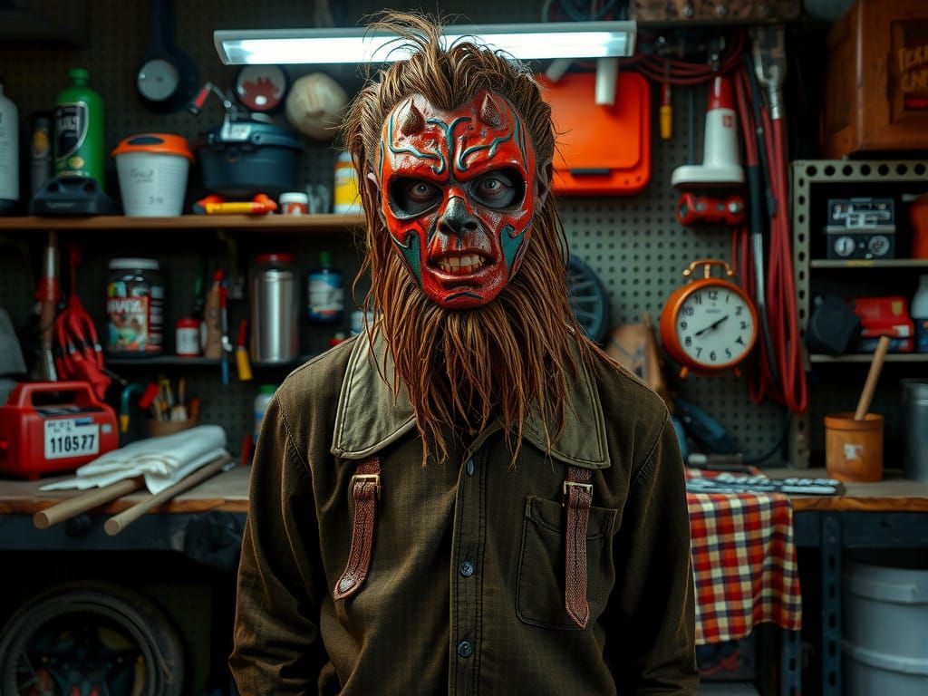 Leatherface Meets Waldo in a Dark Garage - AI Art