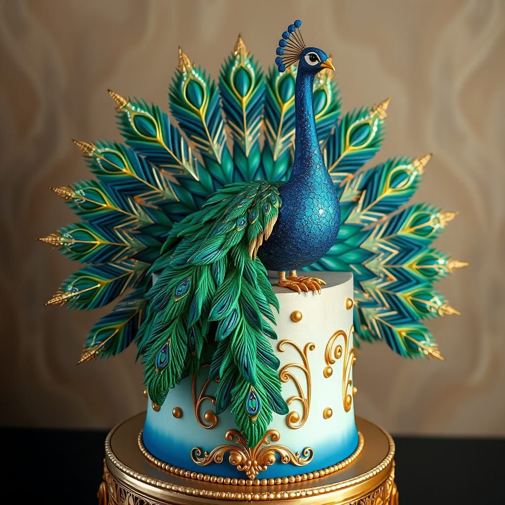 Surreal Peacock Cake in Luxurious Ombre Colors - AI Art