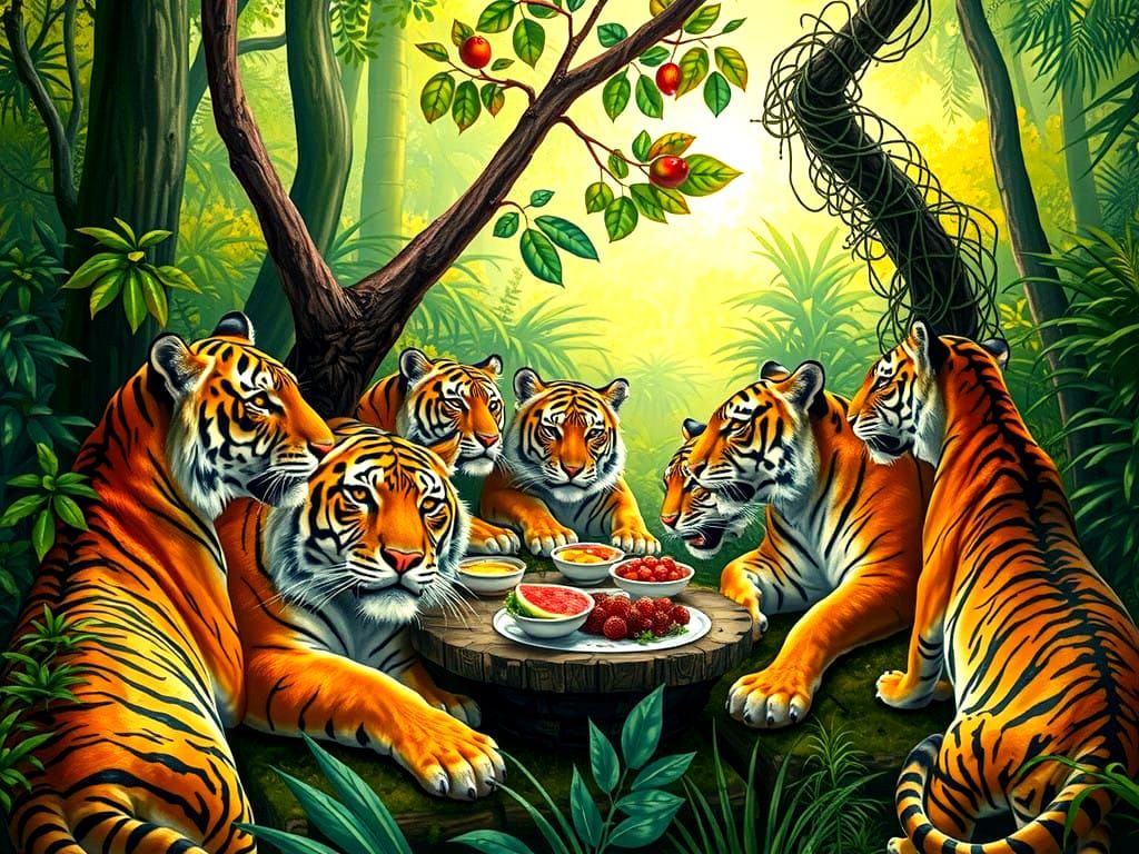 Tigers Share Forest Feast in Vibrant Watercolor St... - AI Art