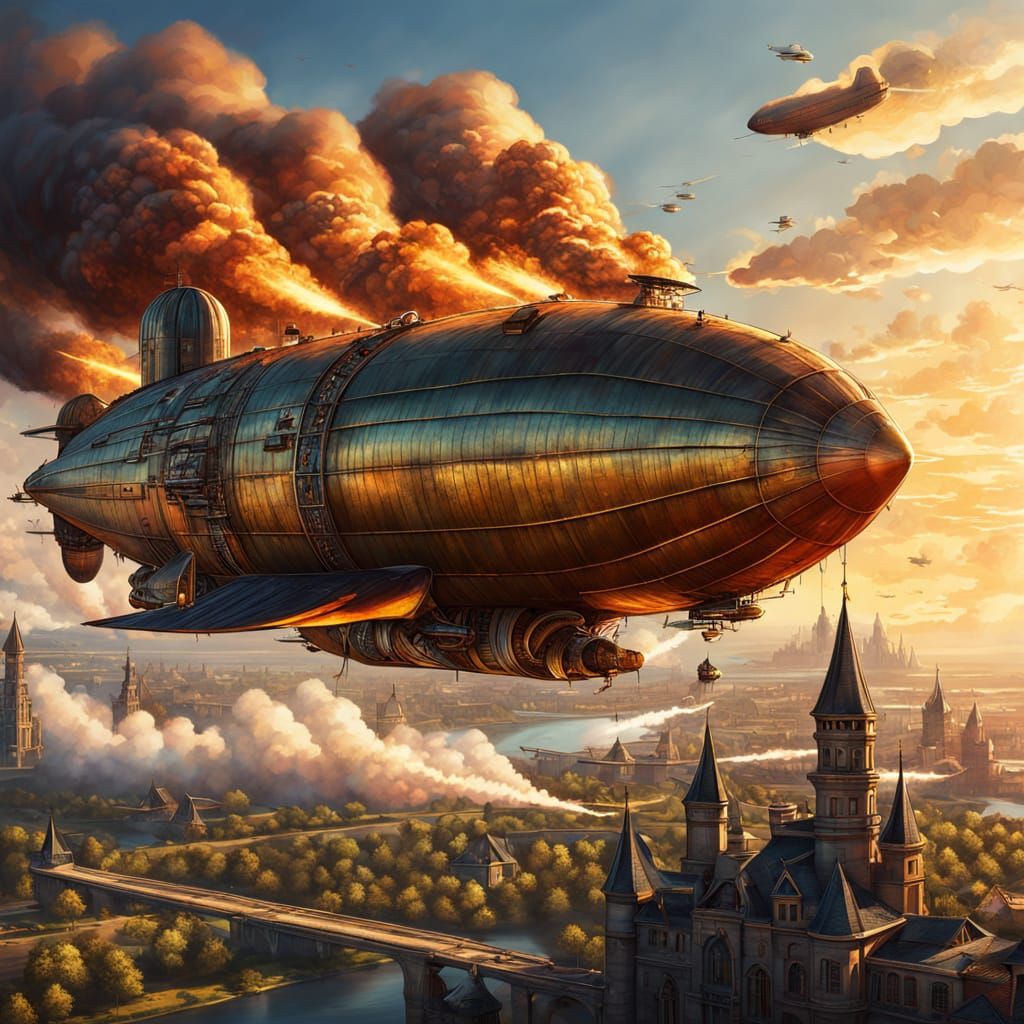 Steampunk Sci-Fi Zeppelin Soars into Battle - AI Art