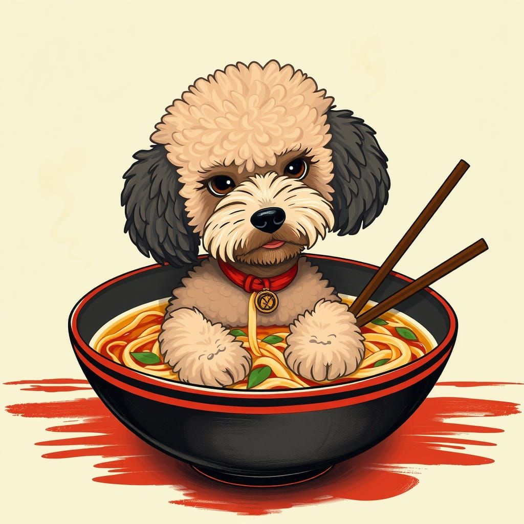 noodle poodle - Whimsical Poodle in a Steaming Noodle Bowl