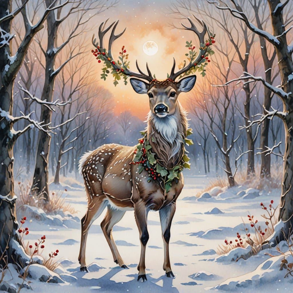 A winter yule deer. - Winter Yule Deer Portrait in Watercolo...