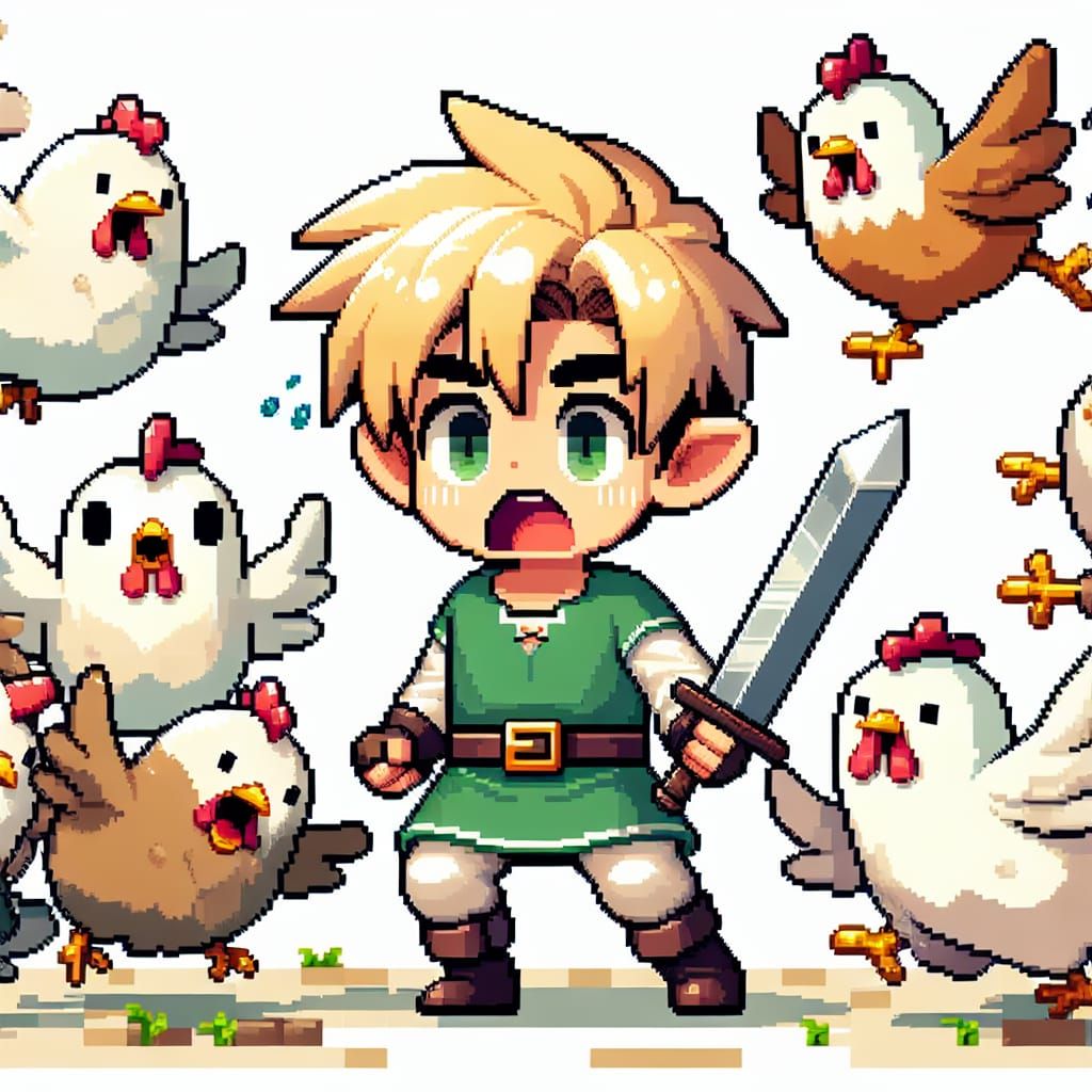 Link being attacked by chickens - AI Generated Artwork - NightCafe Creator