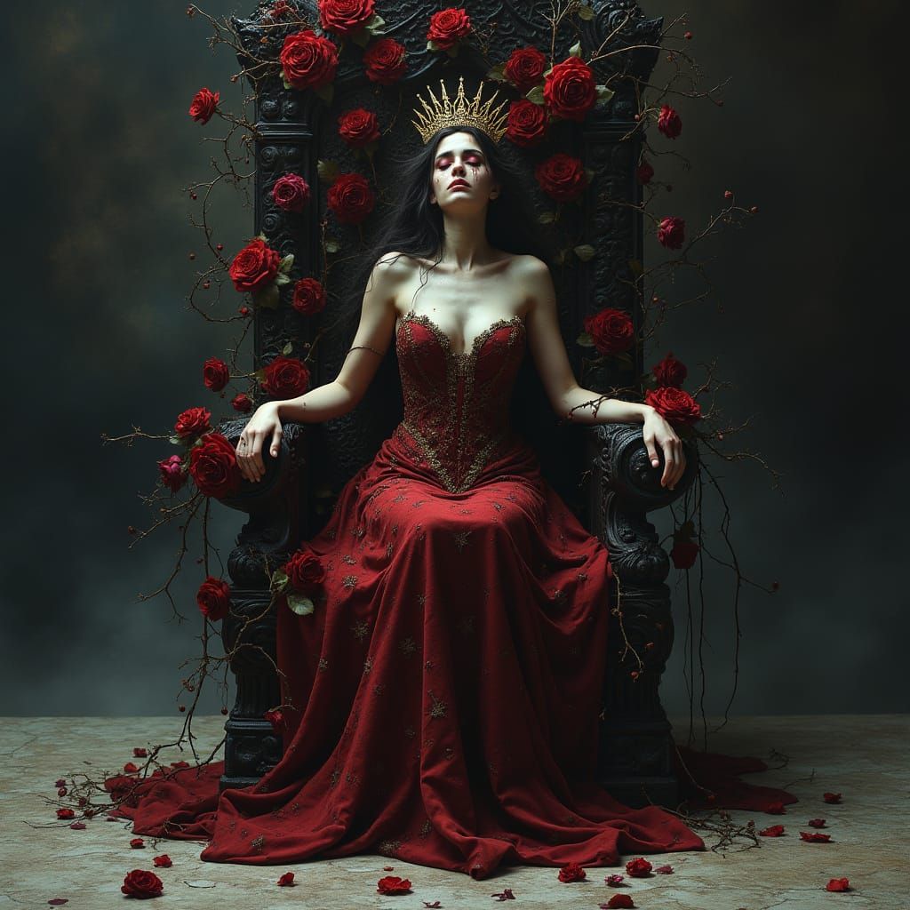 Tormented Queen in Dark, Crimson Throne Room - AI Art