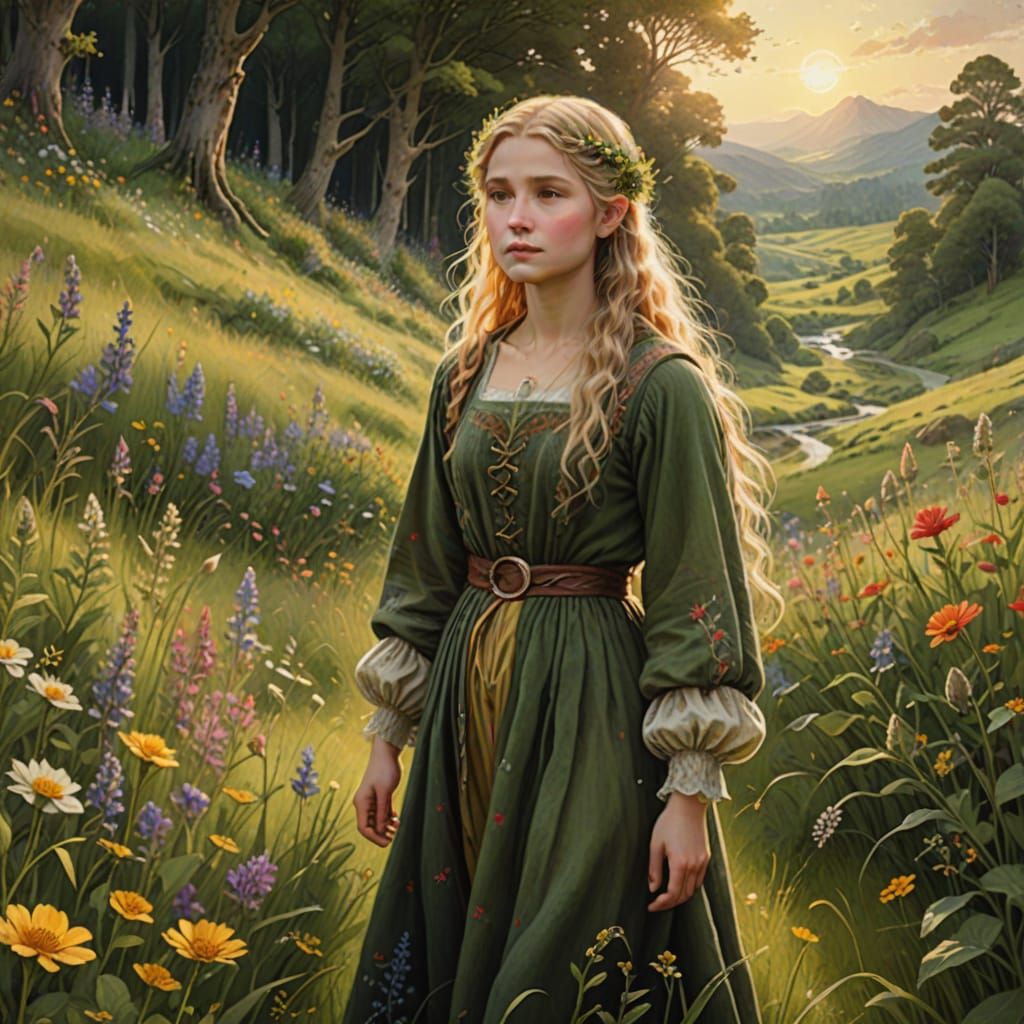 A Female Hobbit with blonde hair - Whimsical Watercolor Fant...