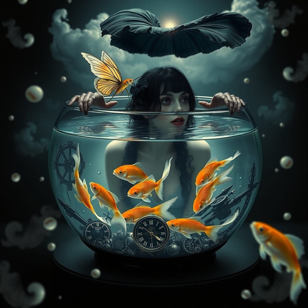 Surrealist Goth Woman in Dreamlike Emo Fish Bowl S... - AI Art