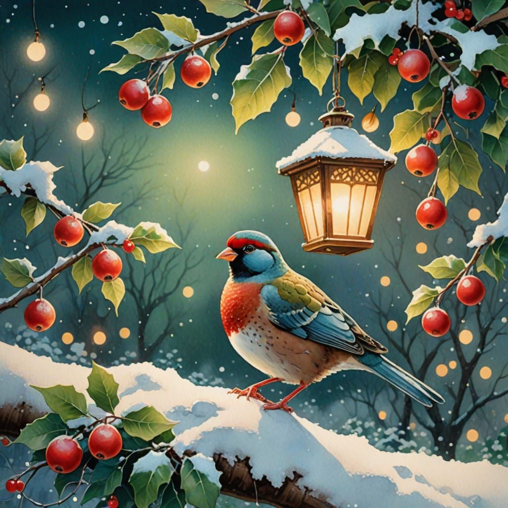 Whimsical Winter Partridge in Pear Tree Scene - AI Art