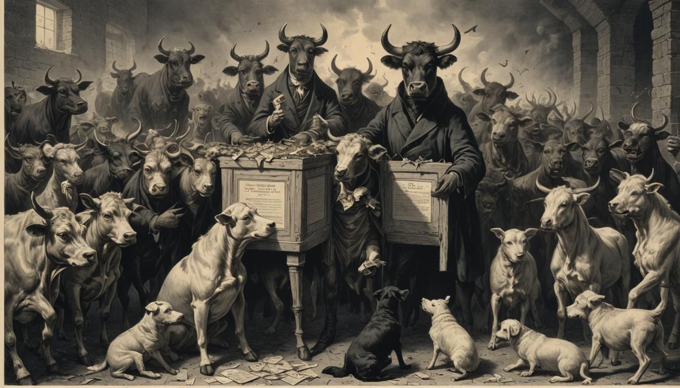 elections. cows and dogs throw cards into the ballot box. everyone is ...