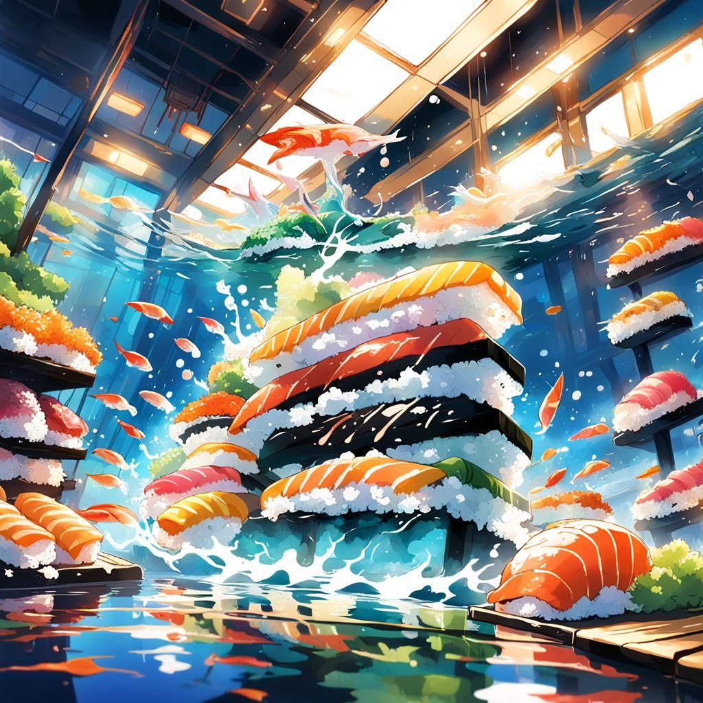 Sushi swimming in ocean, Anime Key Visual, by Makoto Shinkai, Deep ...