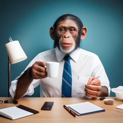 Chimpanzee doing taxes and drinking coffee II - AI Generated Artwork ...